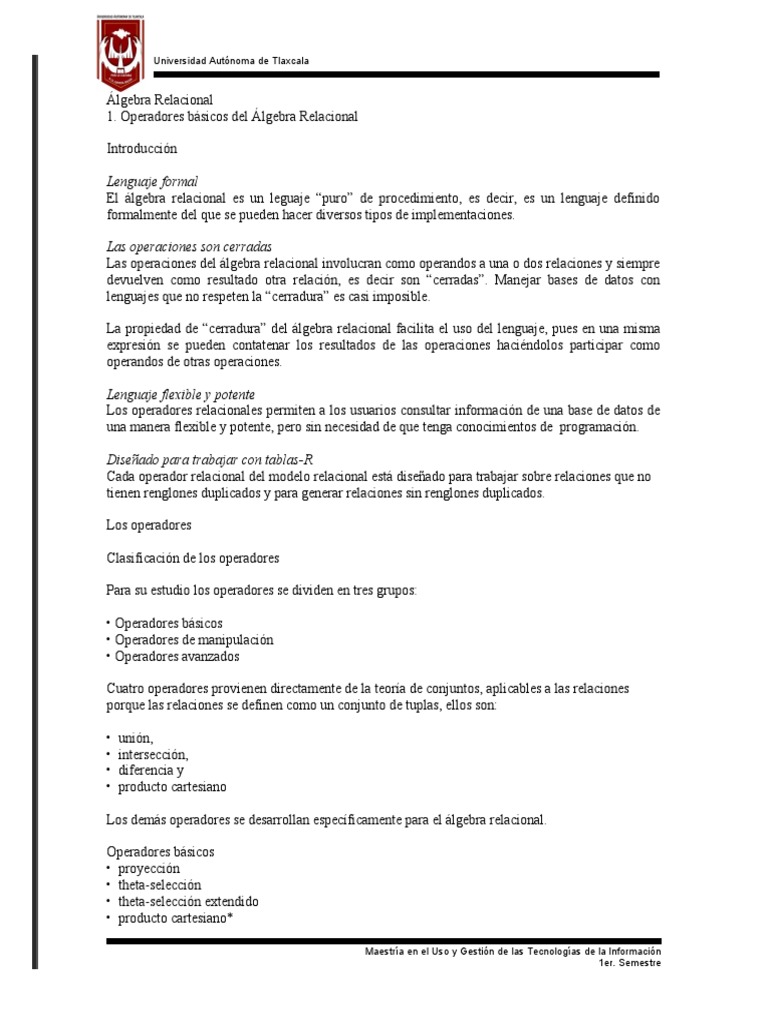 Algebra Relacional | PDF | Modelo relacional | SQL