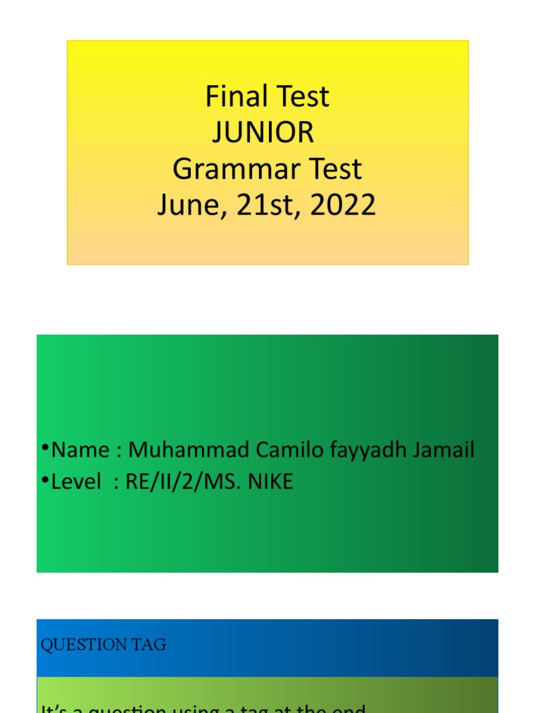 Junior Grammar Test: Question Tags Guide | PDF