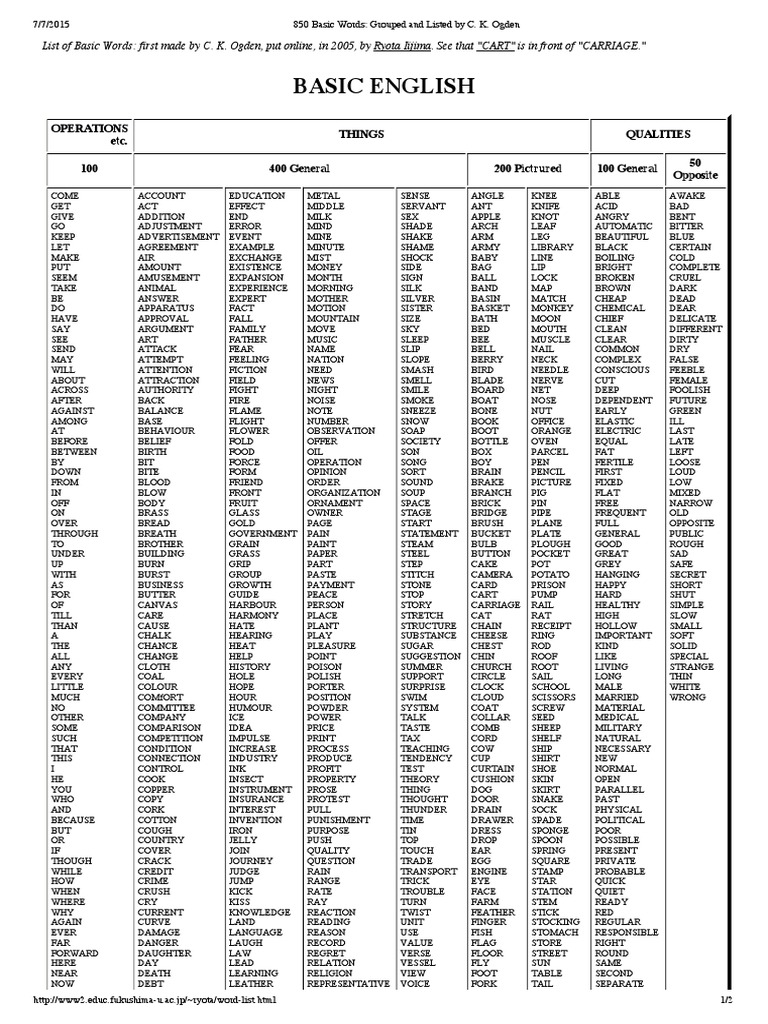 850 Basic Words - Grouped and Listed by C. K. Ogden | PDF