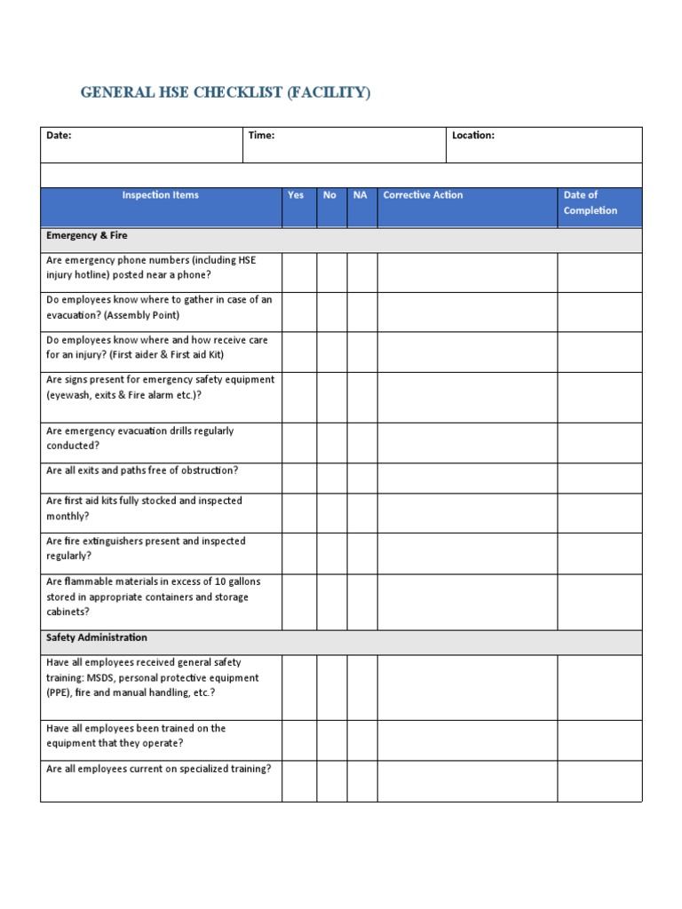 1. General HSE Checklist - Facility | PDF | Personal Protective ...