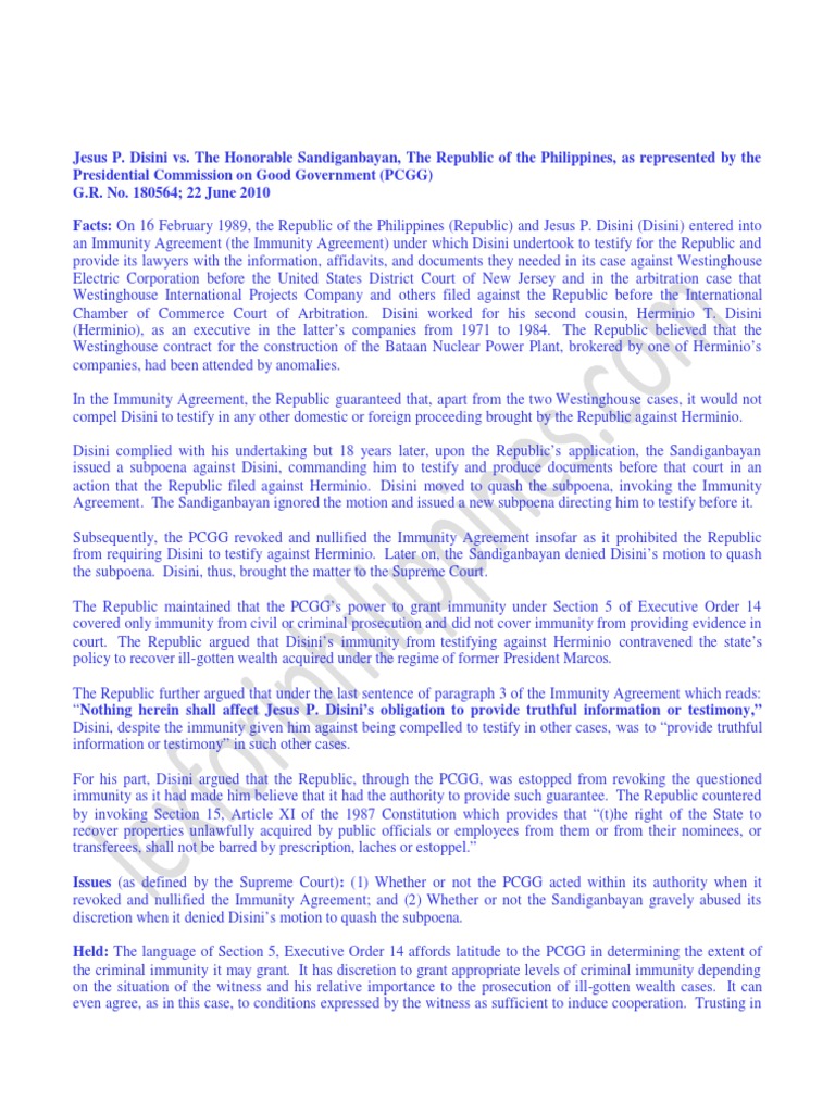 Sandiganbayan Subpoena Quashed Due to Immunity Agreement | PDF ...