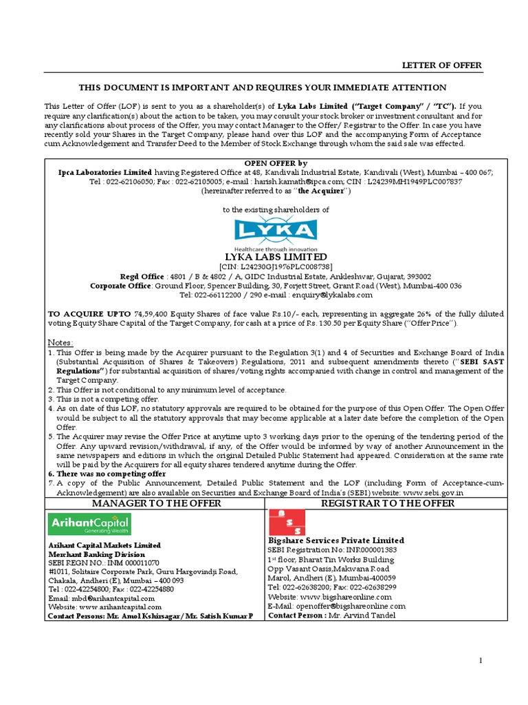 Lyka Labs Open Offer by Ipca Labs | PDF | Stocks | Equity (Finance)
