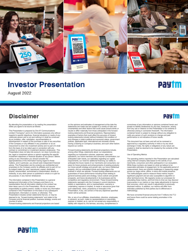 Paytm Investor Presentation Aug 22 INR | PDF | Loans | Profit (Economics)