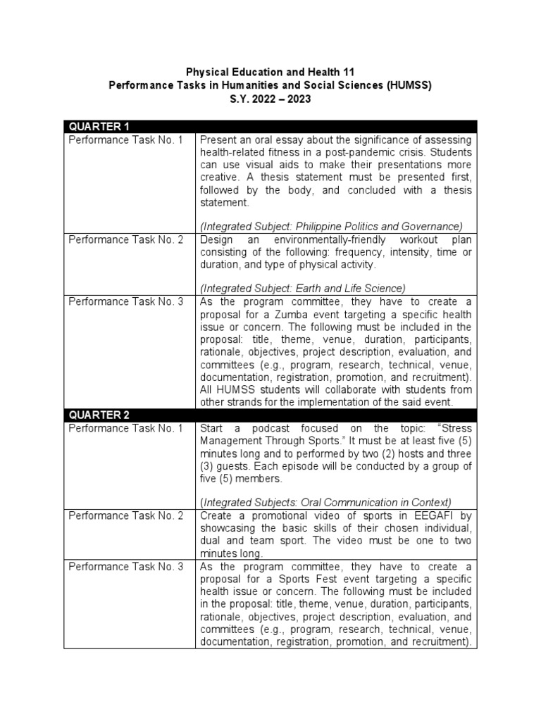 Performance Tasks for PE & Health 11 | PDF | Physical Fitness ...