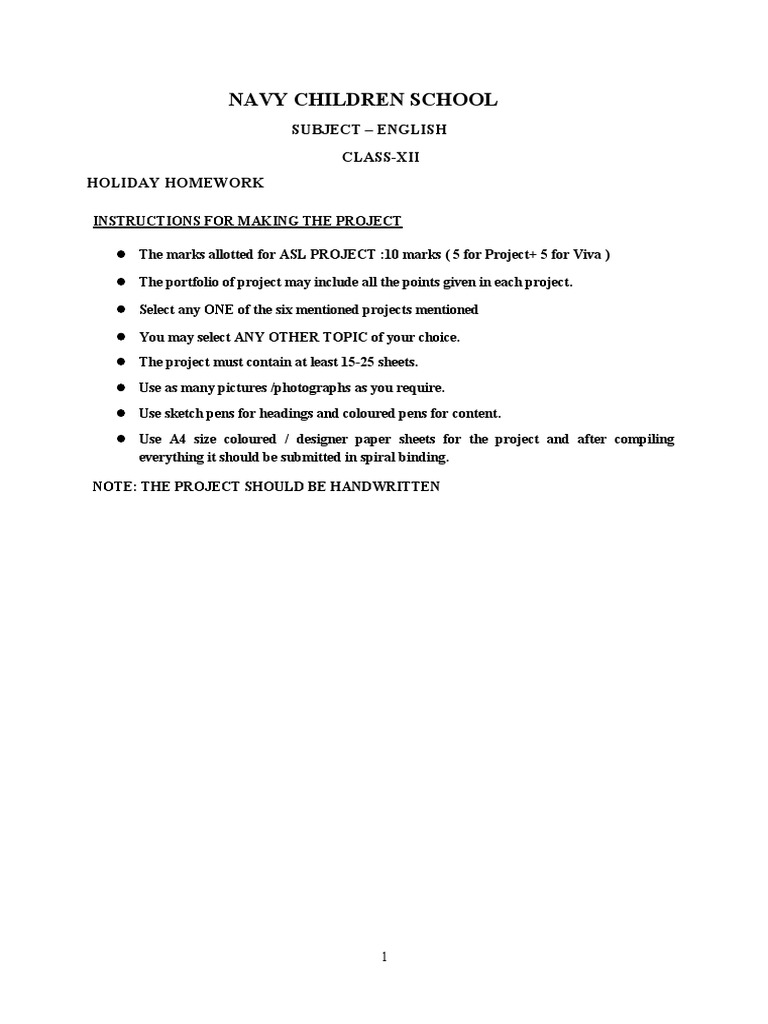 Navy Children School Subject English Class Xii Holiday Homework Pdf