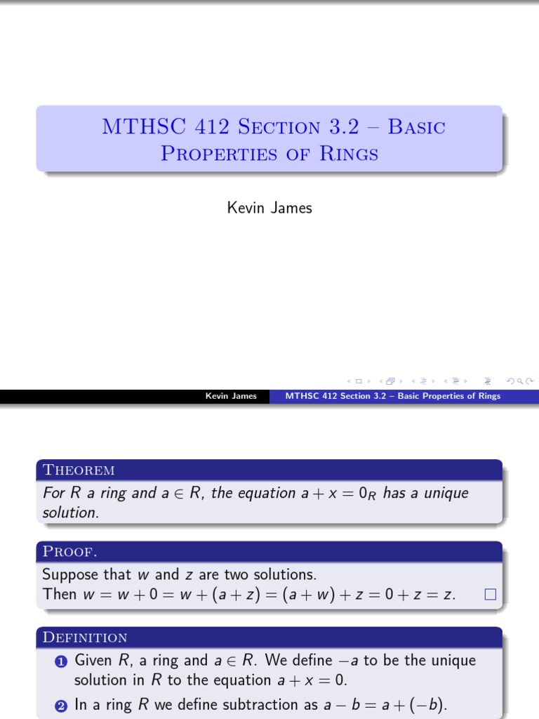 MTHSC 412 Section 3.2 - Basic Properties of Rings: Kevin James | PDF ...