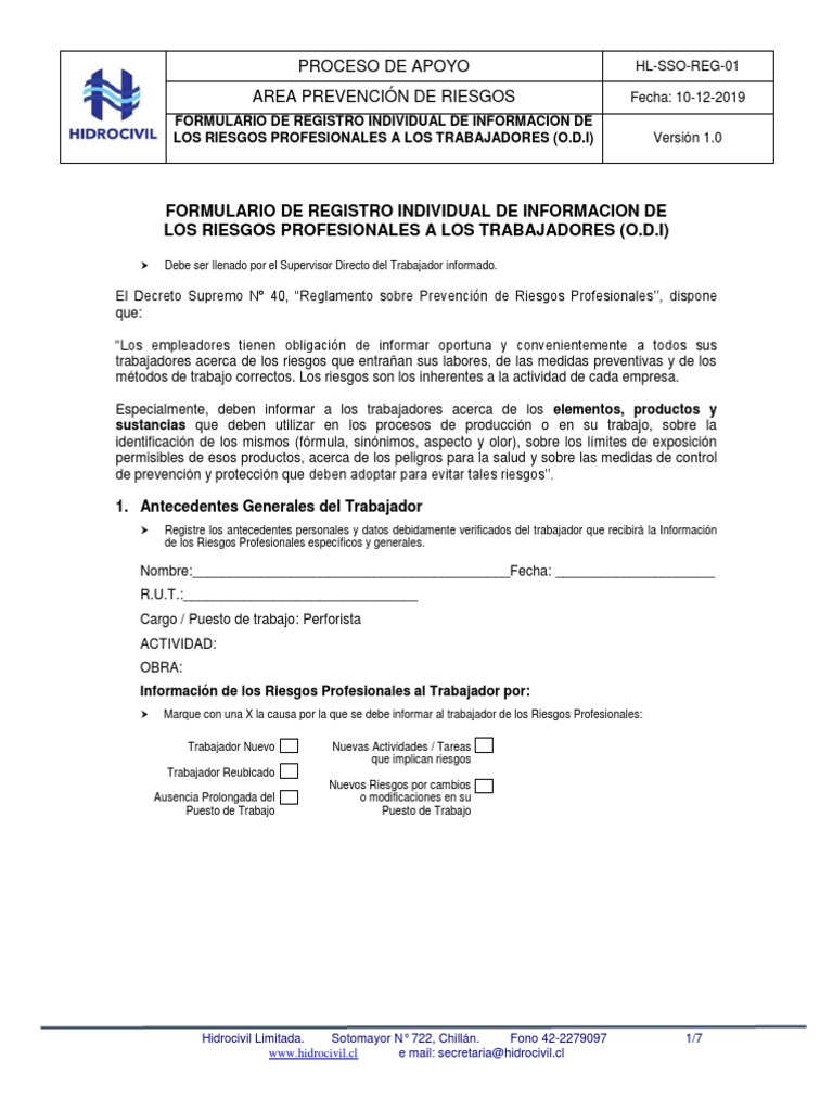 ODI - Perforistas | PDF | Seguridad y salud ocupacional | La seguridad