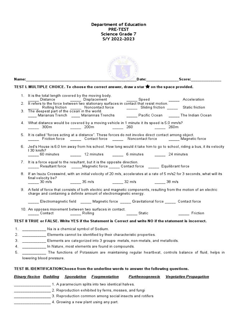 Department of Education Pre-Test Science Grade 7 S/Y 2022-2023 | PDF ...