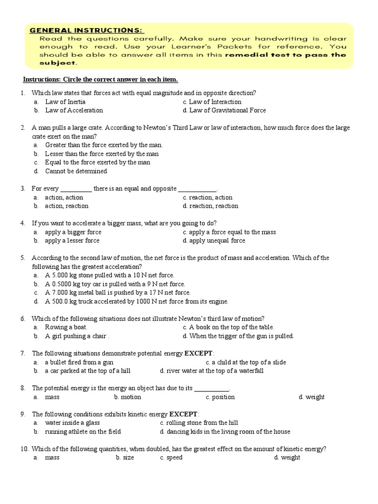 Remedial Test (For Low Scores) | PDF | Force | Mass
