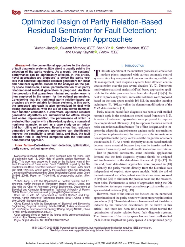 Optimized Design Of Parity Relation Based Residual Generator For Fault Detection Data Driven