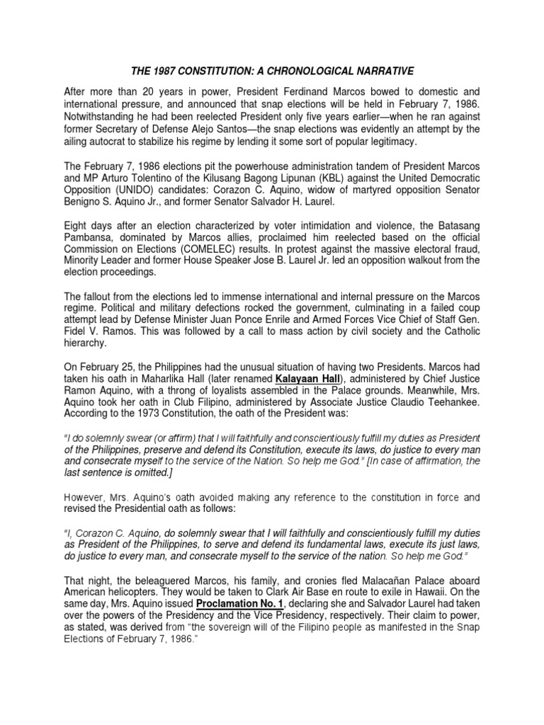 The 1987 Constitution - A Chronological Narrative | PDF | Corazon ...