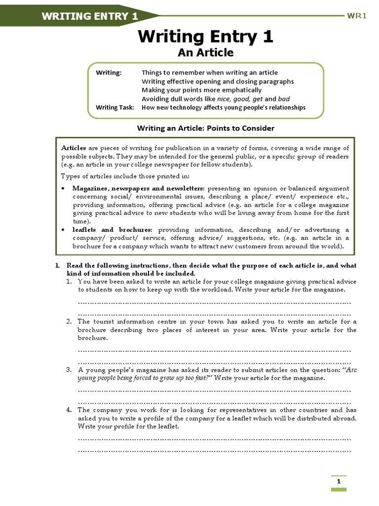 4A. Writing Entry 1. Article. in Class Handout | PDF | Word | Internet