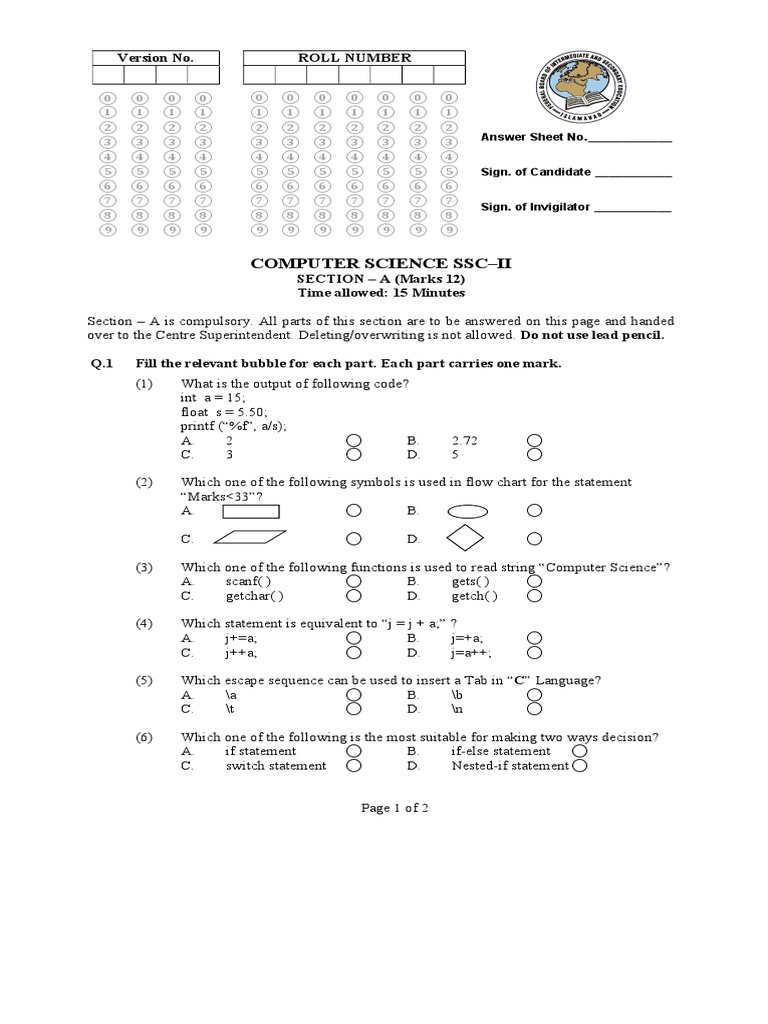 Computer Science Ssc-Ii: Answer Sheet No. | PDF | Control Flow ...