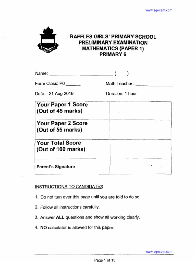 2019 P6 Maths SA2 Raffles | PDF
