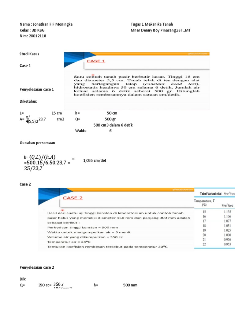 Tugas 1 Mekanika Tanah Studi Kasus (Jonathan F F Moningka) 3D KBG | PDF | Metode & Bahan Ajar