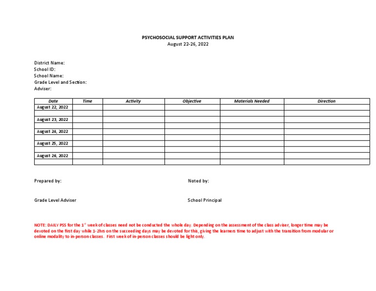 Psychosocial Support Activities Plan | PDF