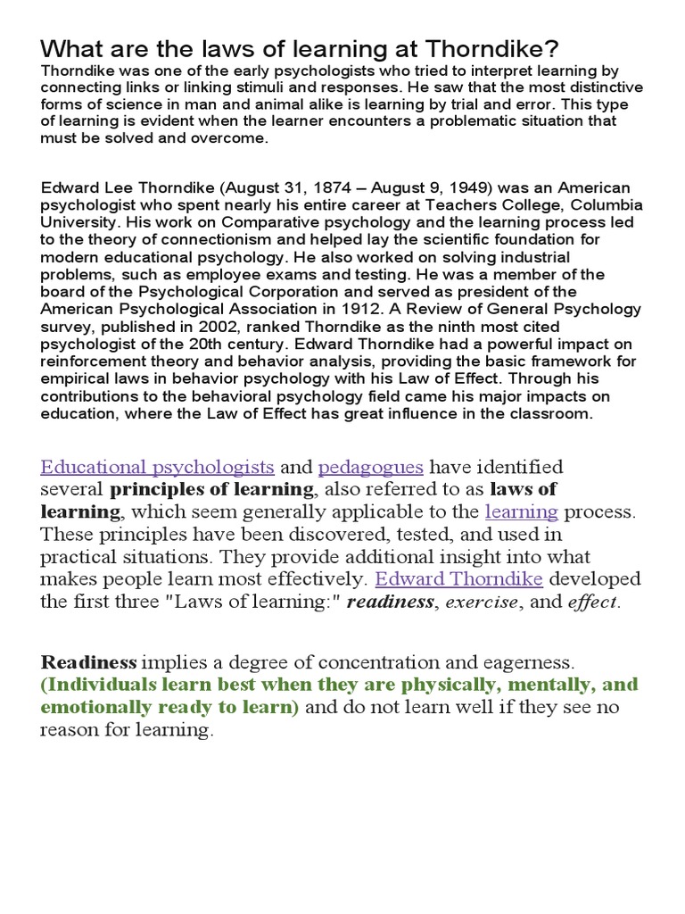 Thorndike's Laws of Learning Explained | PDF | Learning Styles | Learning