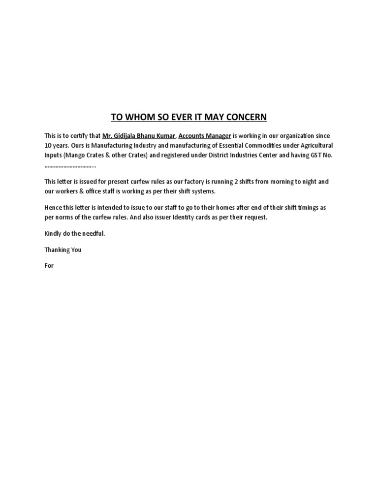 Curfew Pass Letter To Whom So Ever It May Concern | PDF | Finance ...