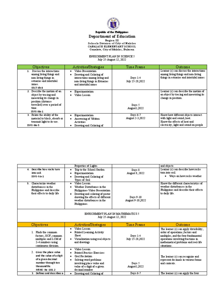 Grade 5 Enrichment Plans | PDF | Learning | Video
