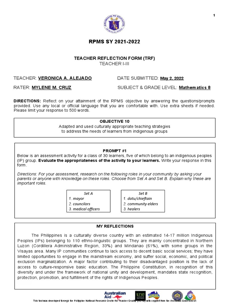 RPMS SY 2021-2022: Teacher Reflection Form (TRF) | PDF | Teachers ...