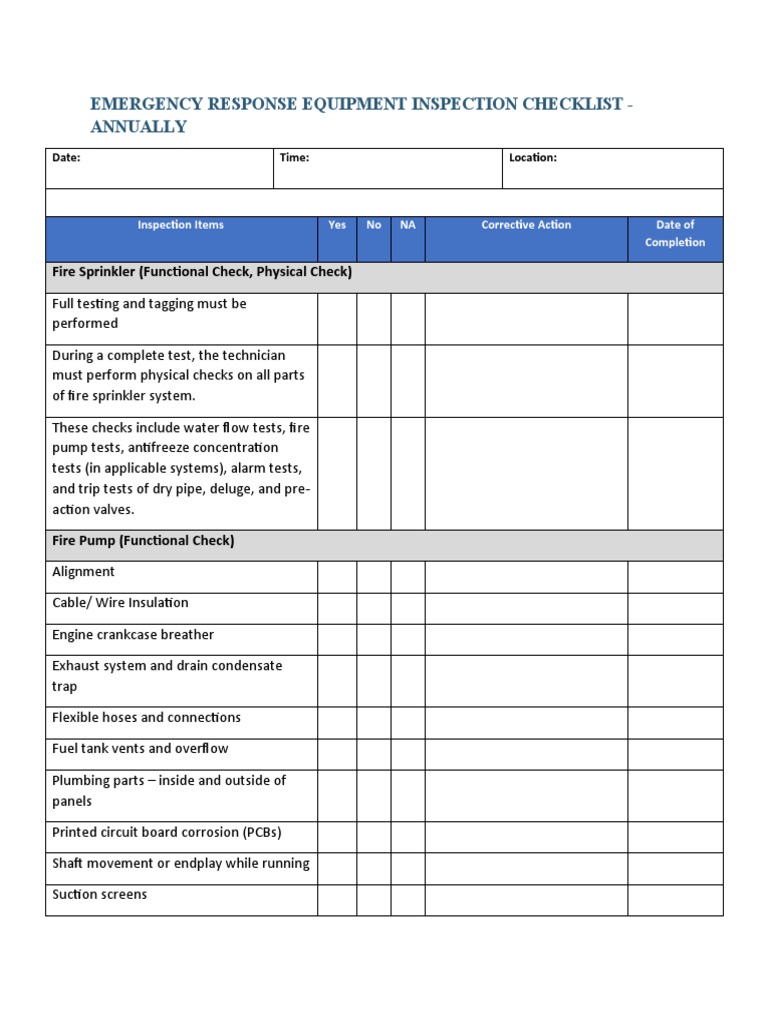 Emergency Response Equipment Inspection Checklist - Annually | PDF