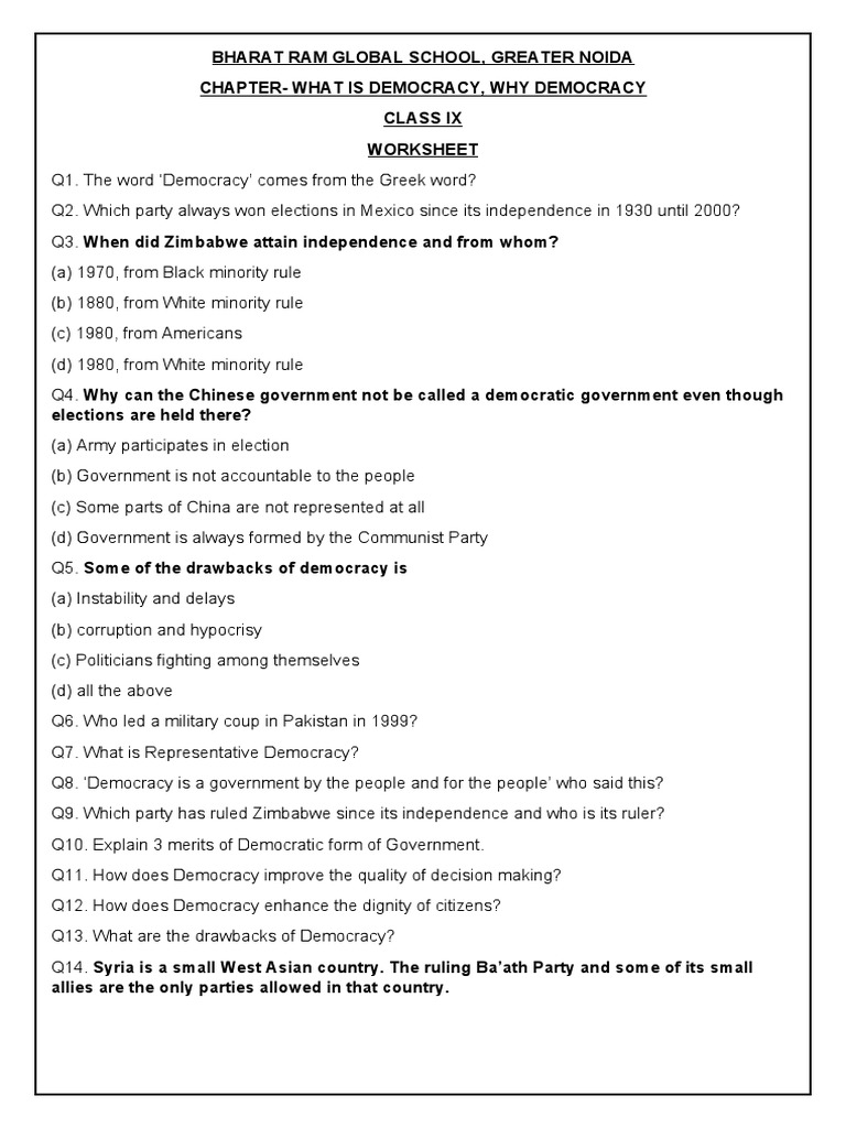 Class 9 Democracy Worksheet Insights | PDF