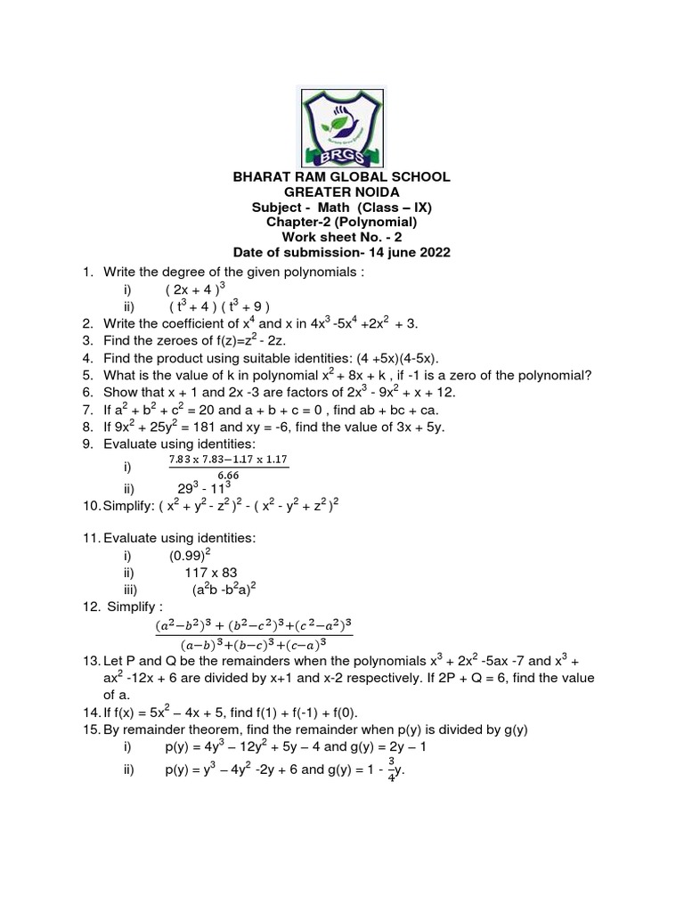 Worksheet No. 2 - Ch-2-Polynomials | PDF | Factorization | Polynomial