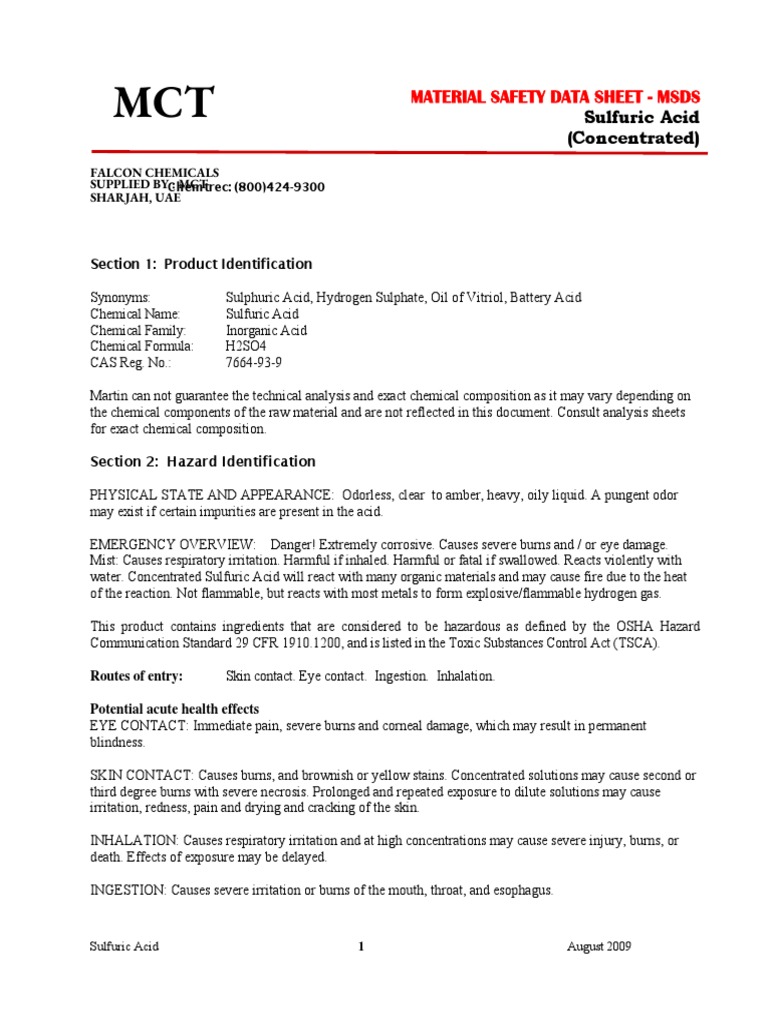 Material Safety Data Sheet Msds Sulfuric Acid Concentrated Pdf
