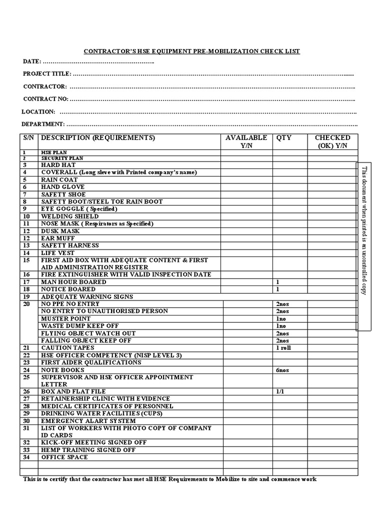 HSE Equipment Pre-Mobilization Checklist | PDF | Occupational Safety ...