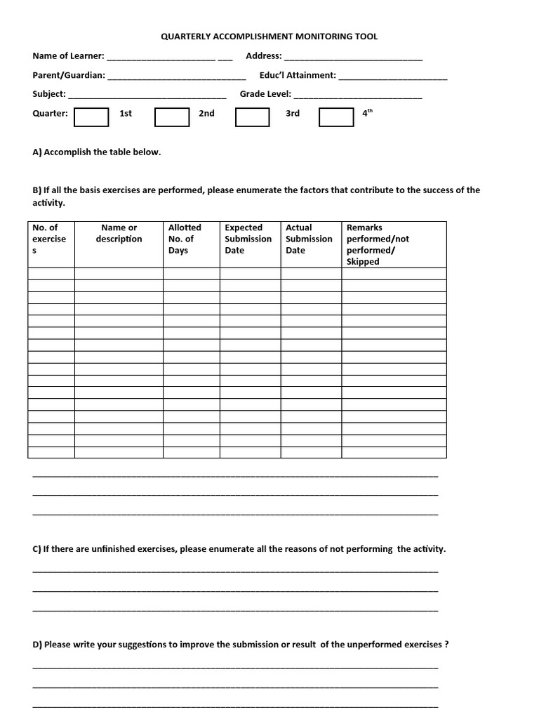 Quarterly Accomplishment Monitoring Tool | PDF | Career & Growth | Business
