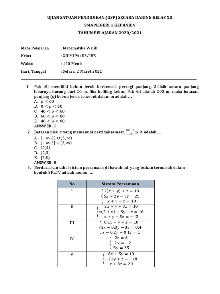 Soal Usp Matematika Wajib 2021 | PDF