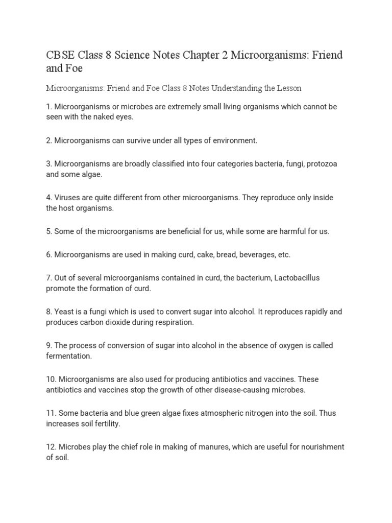 CBSE Class 8 Science Notes Chapter 2 Microorganisms: Friend and Foe ...