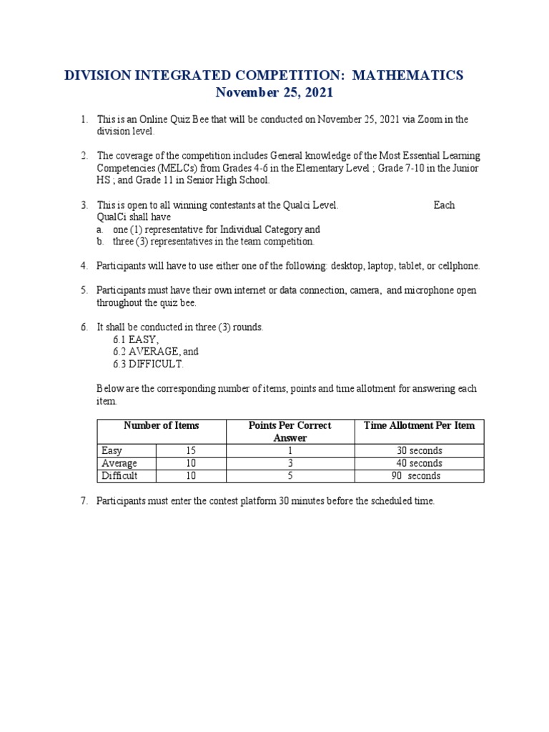 Division Level Math Quiz Bee | PDF | Games & Activities | Teaching ...