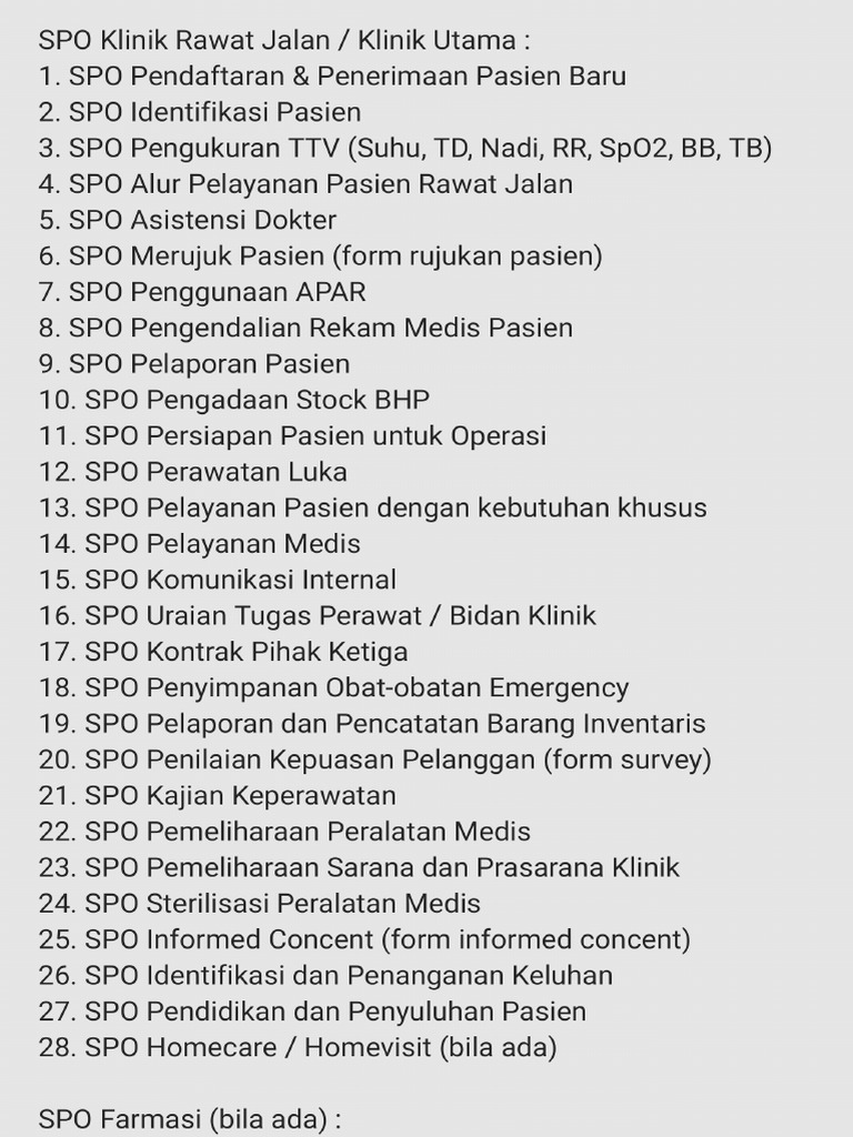 Daftar Judul SPO Klinik Utama | PDF