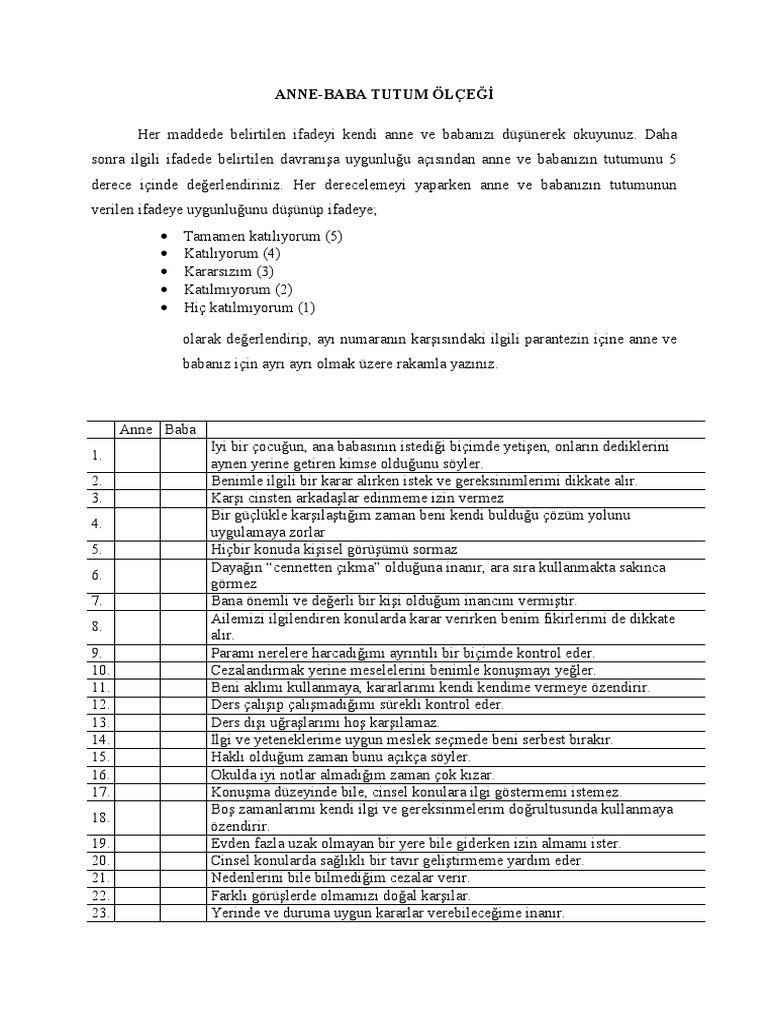 Anne Baba Tutum Ölçeği | PDF