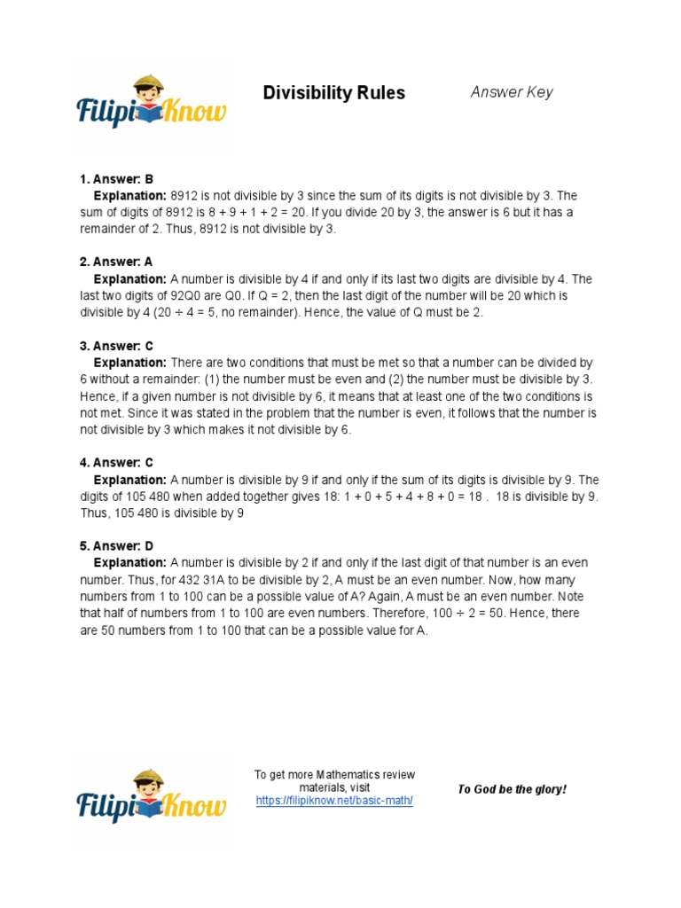 Divisibility Rules: Answer Key | PDF