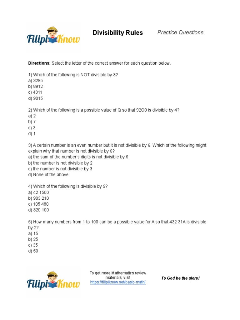 Divisibility Practice Questions PDF | PDF | Teaching Methods ...
