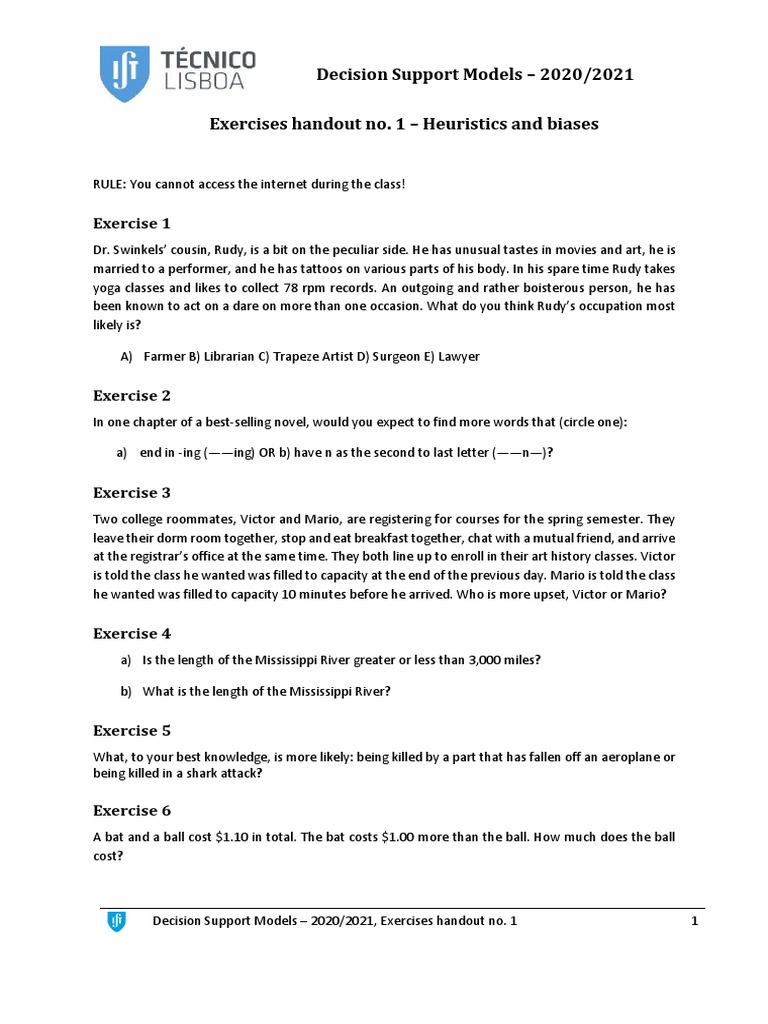 Heuristics and Cognitive Bias Exercises | PDF | Psychology | Scientific ...