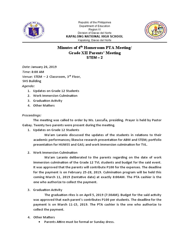 Minutes of 4 Homeroom PTA Meeting/ Grade XII Parents' Meeting | PDF ...
