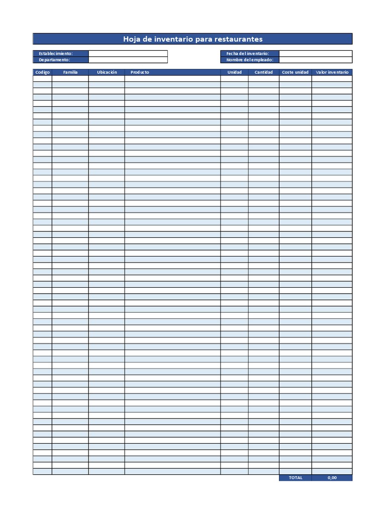 Hoja de Inventario Para Restaurantes (Versión Imprimible Para Rellenar ...