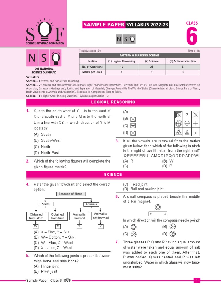 Nso Sample Paper Class-6 | PDF | Water | Compass