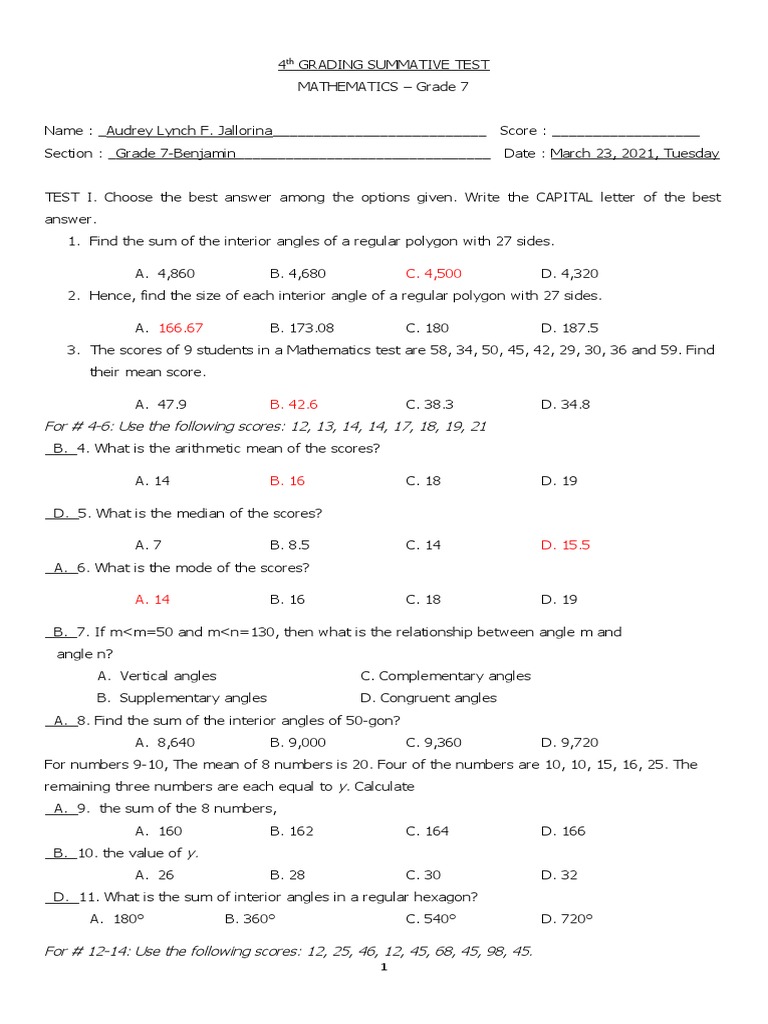 Grade 7 - 4th-Grading-Summative-Test-In-Math | PDF | Rectangle ...
