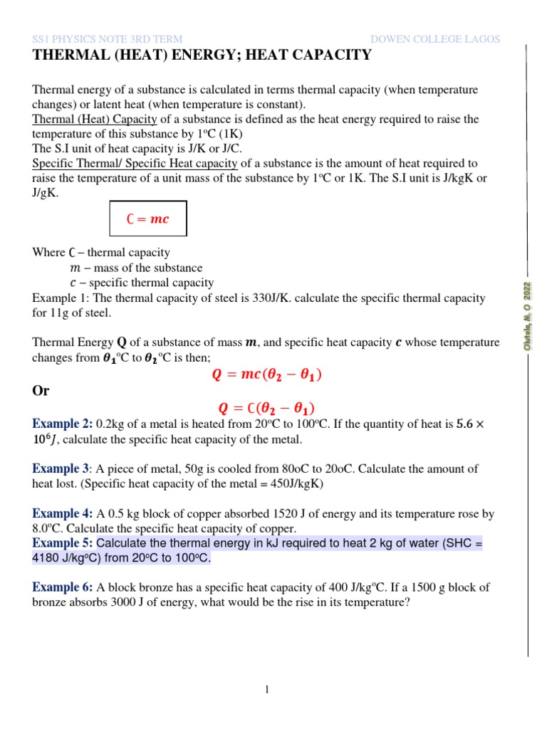 SS1 Physics - Thermal Capacity | PDF | Heat | Heat Capacity