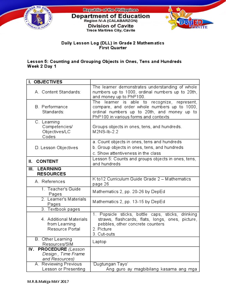 DLL - Math FIRST GRADING Lesson 5 Week 2 Day 1 | PDF
