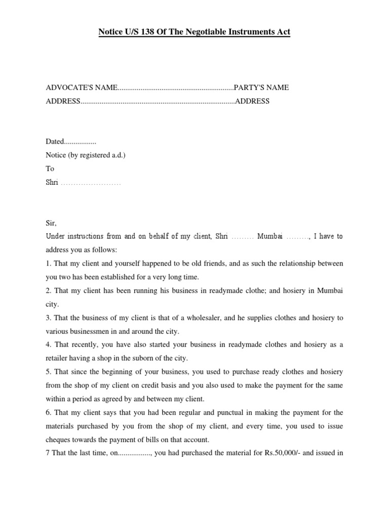 Notice US 138 of The Negotiable Instruments Act | PDF | Cheque | Banks