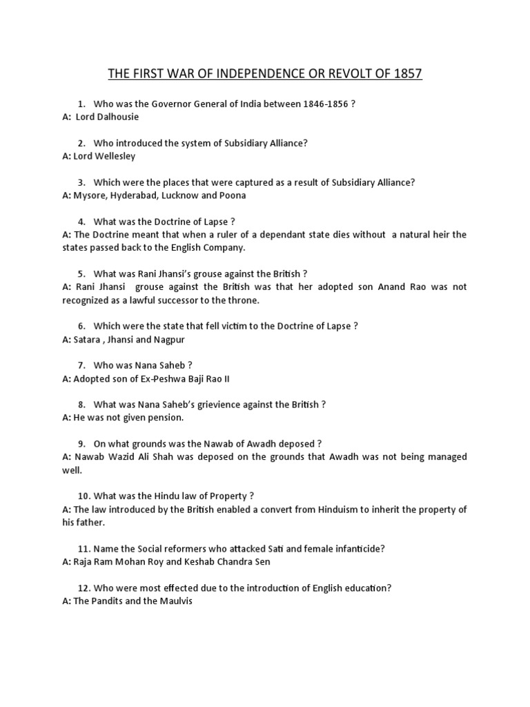 REVOLT OF 1857 Notes | PDF | Indian Rebellion Of 1857 | British Raj