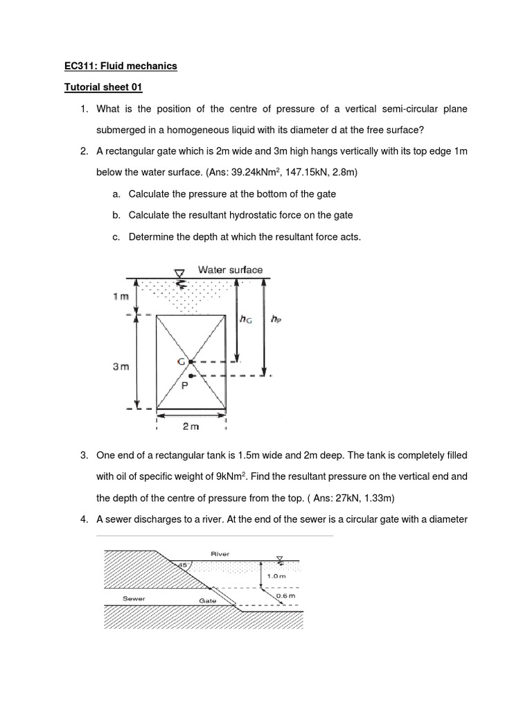 EC311: Fluid Mechanics Tutorial Sheet 01 | PDF | Pressure | Soft Matter