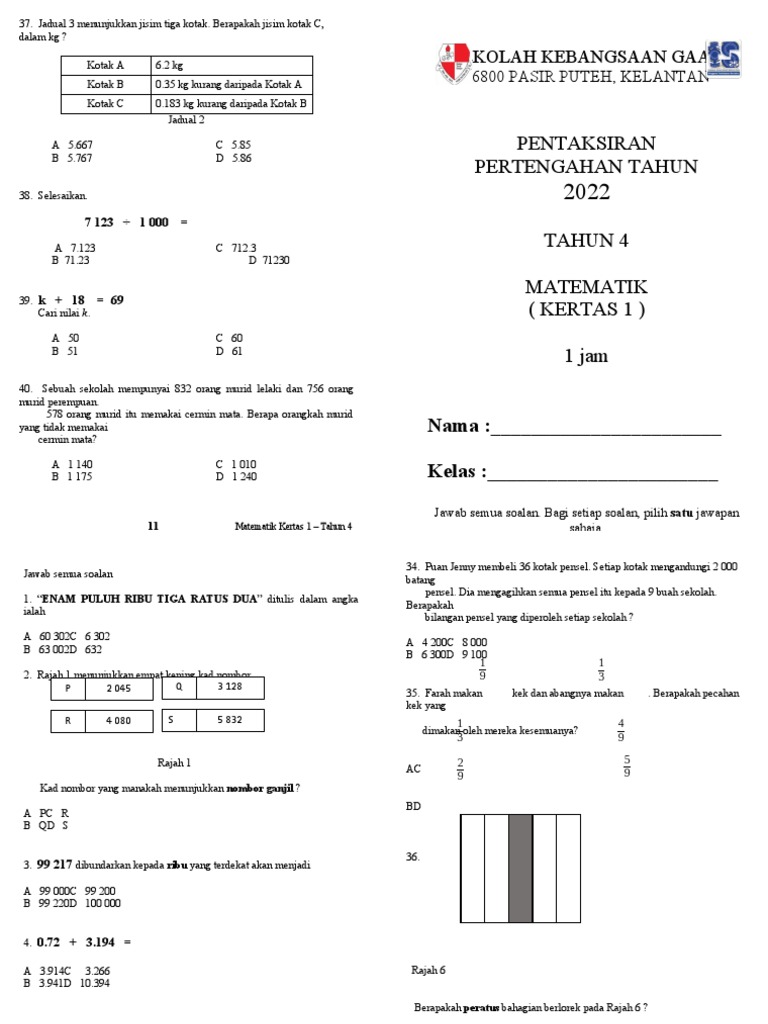 Soalan MT Pertengahan Kertas 1 | PDF