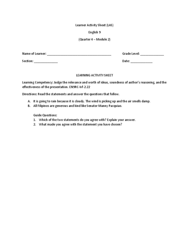 Learner Activity Sheet | PDF | Foreign Language Studies