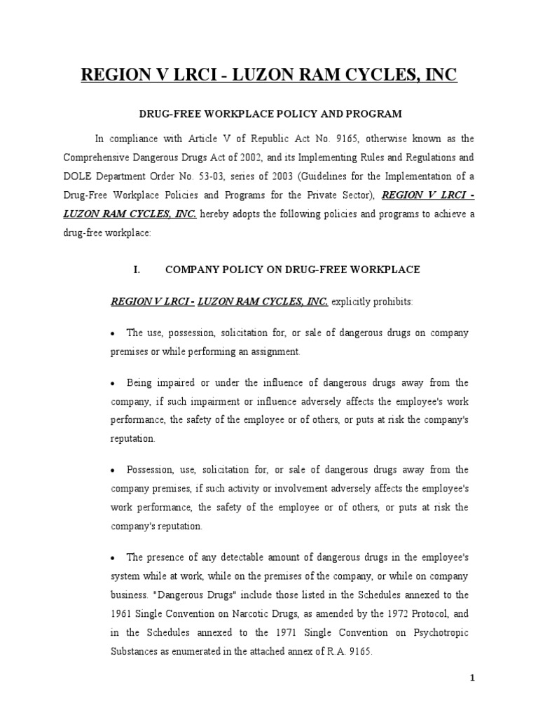 DRUG FREE Workplace Policy program-REG5 | PDF | Employment | Drug Test